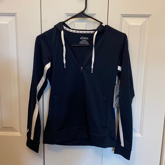 Asics | Jackets & Coats | Nwt Asics Hooded Jacket Navy Blue White ...
